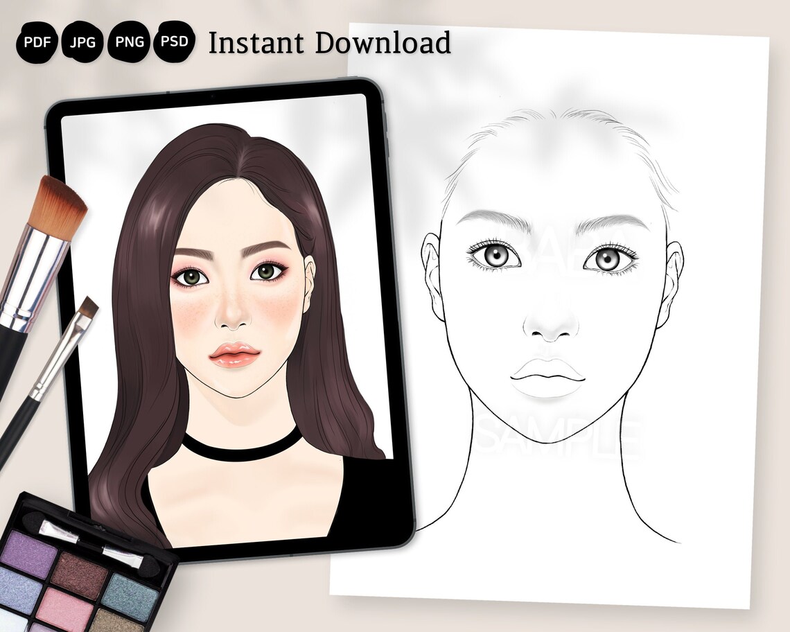 Makeup Face Chart, Printable, Digital Coloring Pages, Face Templates ...