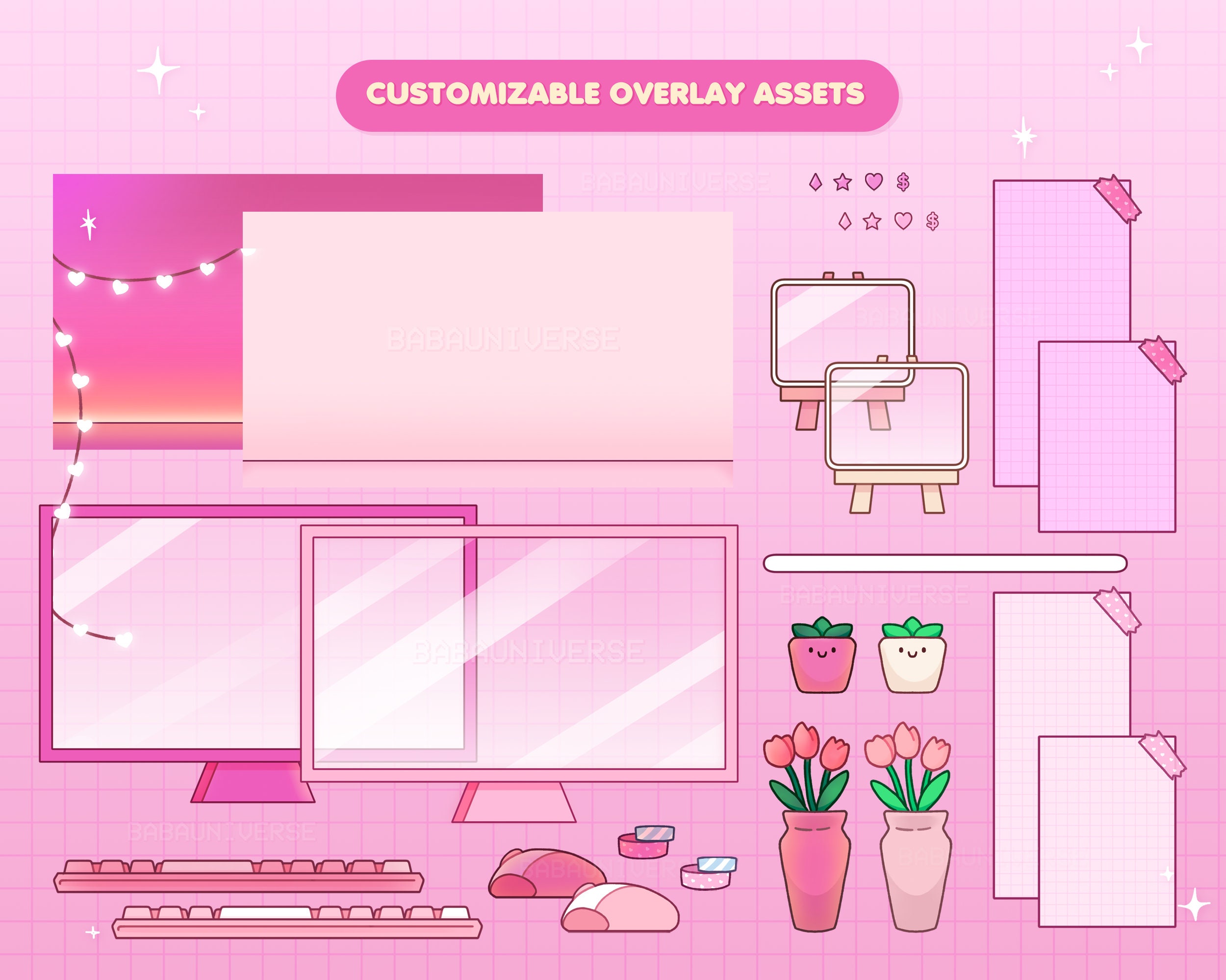 Aesthetic Customizable Twitch Overlay Set Cute Pink Streamer Room Day ...