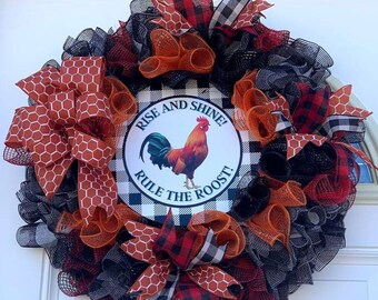 13x10.5 Checkered Rooster Wreath Sign 338 Metal Sign Wreath Sign ...