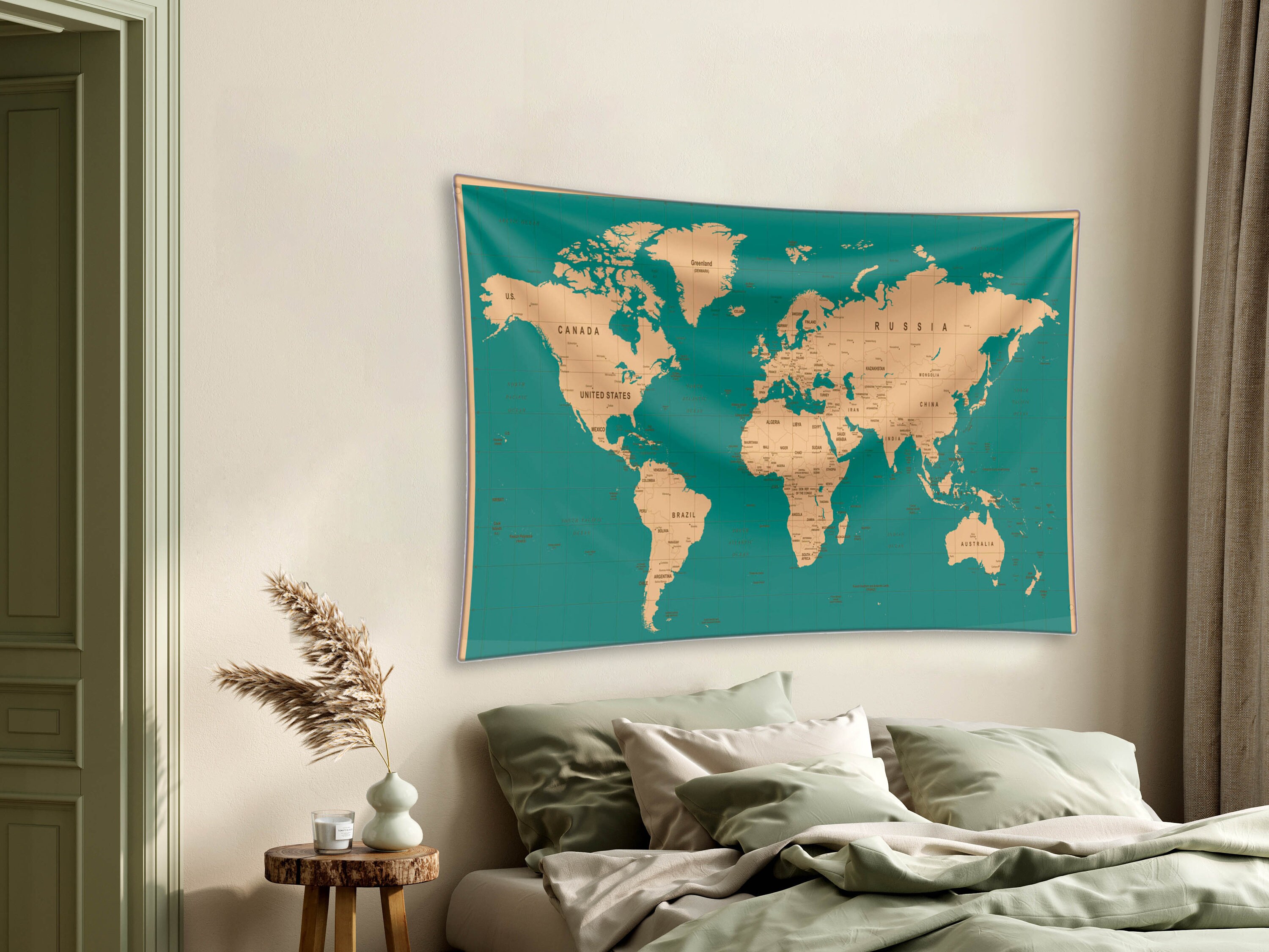 Vintage Teal World Map Tapestry - Etsy