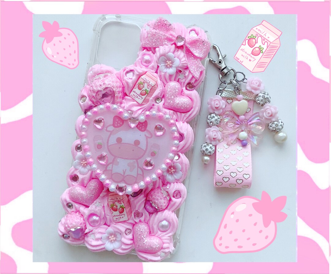 Strawberry Cow Phone Case Cow Decoden Phone Case Pink Strawberry Cow ...