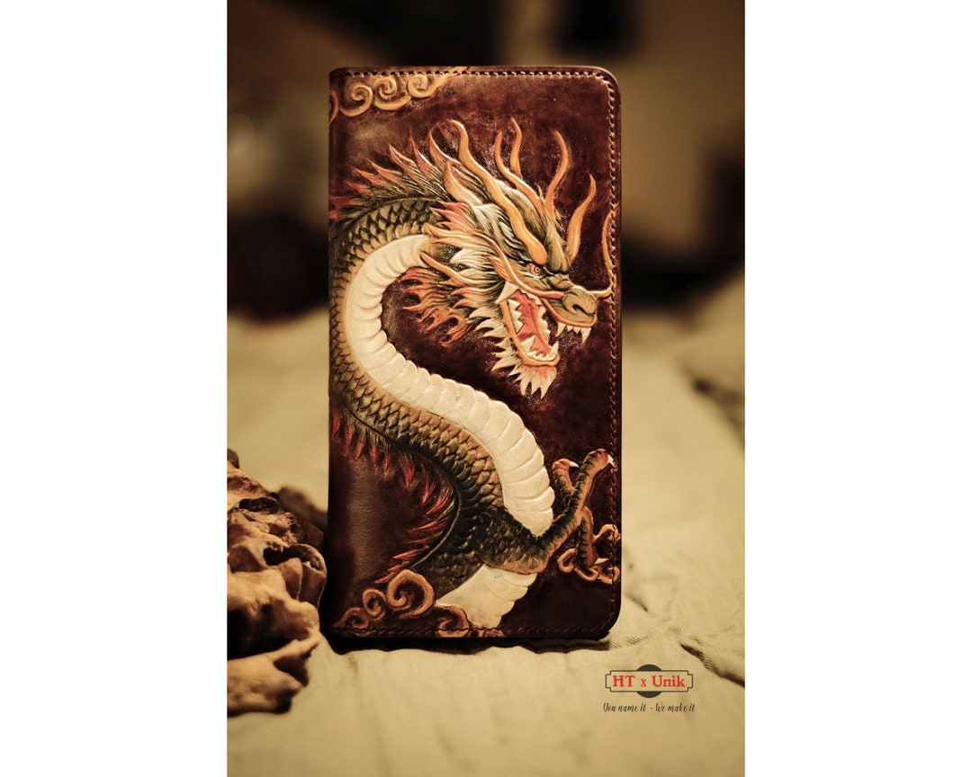 Custom Made Long Wallet With Dragon Carved, Genuine Leather Dragon ...