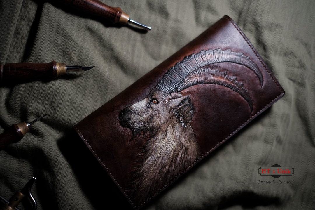Custom Made Long Wallet With Goat Carved, Genuine Leather Goat Carving ...