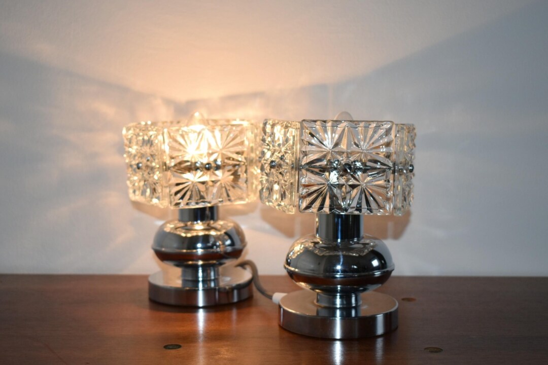 Vintage Crystal Glass & Chrome Table Lamps Fixture/ Pair of Metal and ...
