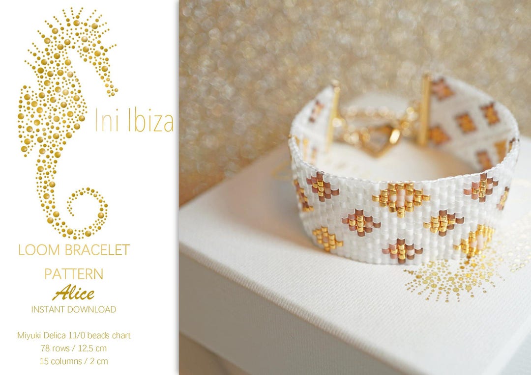Loom Bracelet Pattern ,miyuki Delica Pattern,alice, White, Gold, Beige ...
