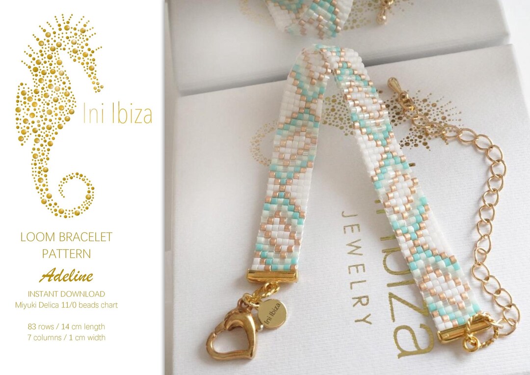 Loom Bracelet Pattern, Miyuki Delica Pattern, Adeline, Turquoise, White ...