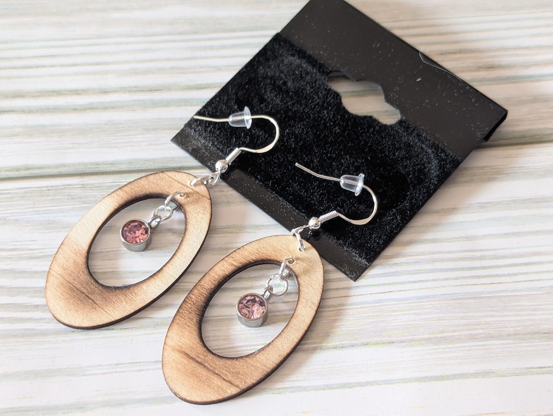 Wood Burned Dangle Earrings With Crystal Charm (12 Colors) - Etsy