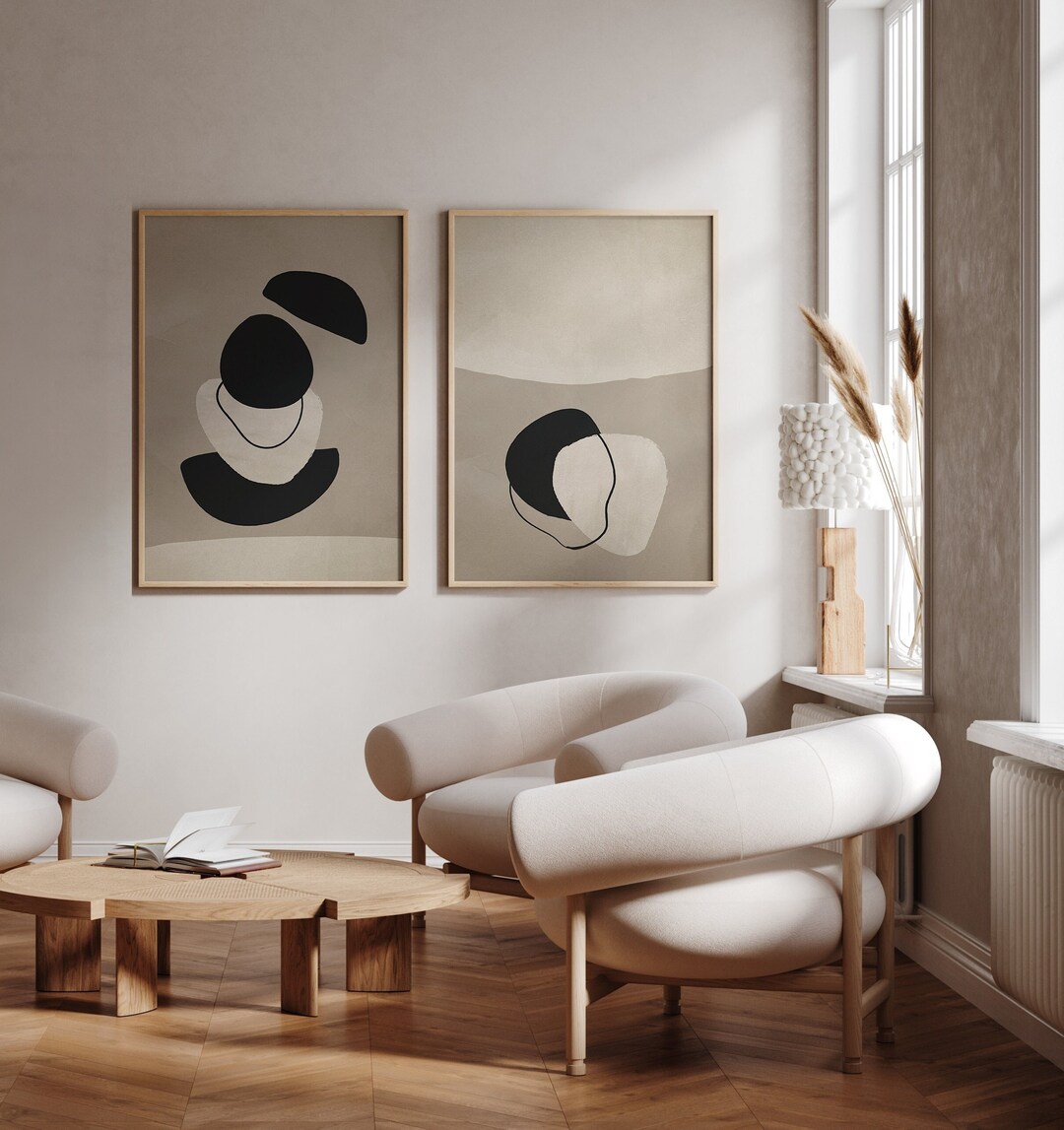 Beige schwarz abstrakte Kunst 2er Set druckbar, Erdtöne Kunst, Japandi Wanddekor, Wabi-Sabi ...
