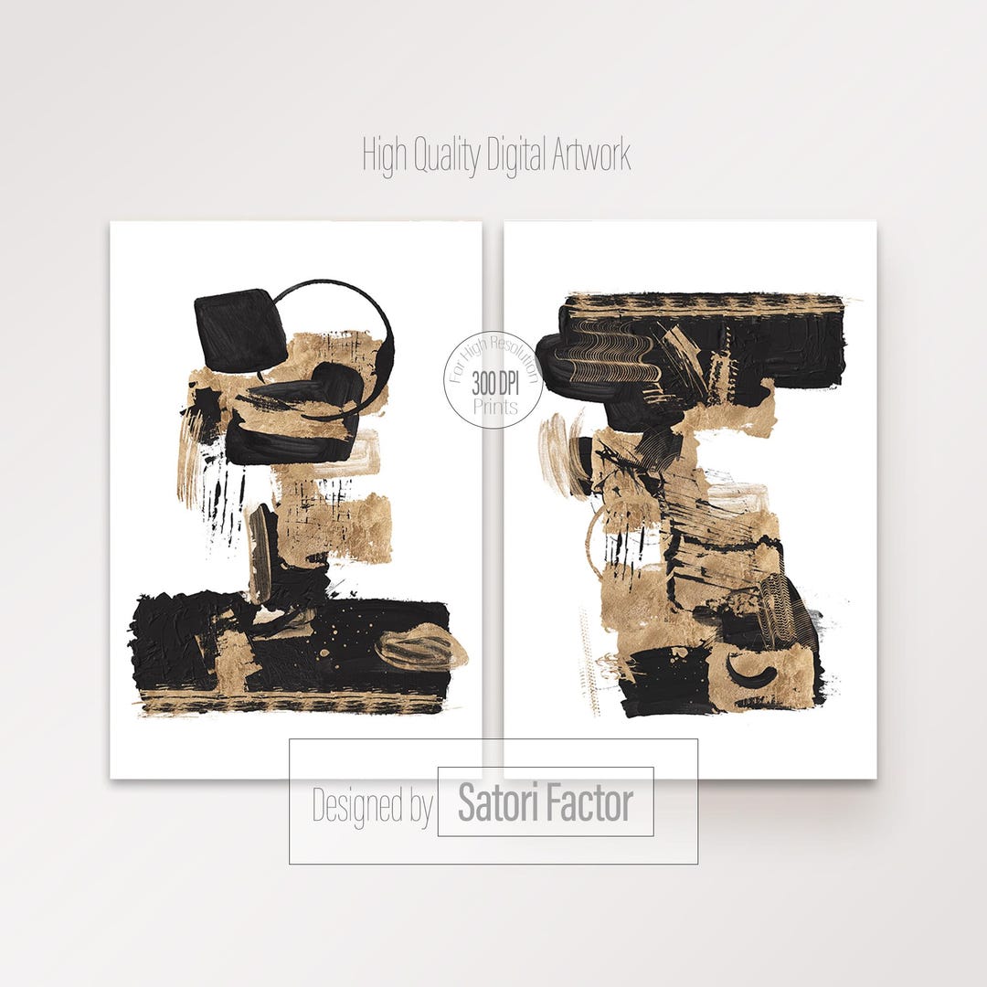 Schwarz und Gold, digitaler Download 2er-Set, moderne abstrakte Wandkunst Druck, Goldfolie ...