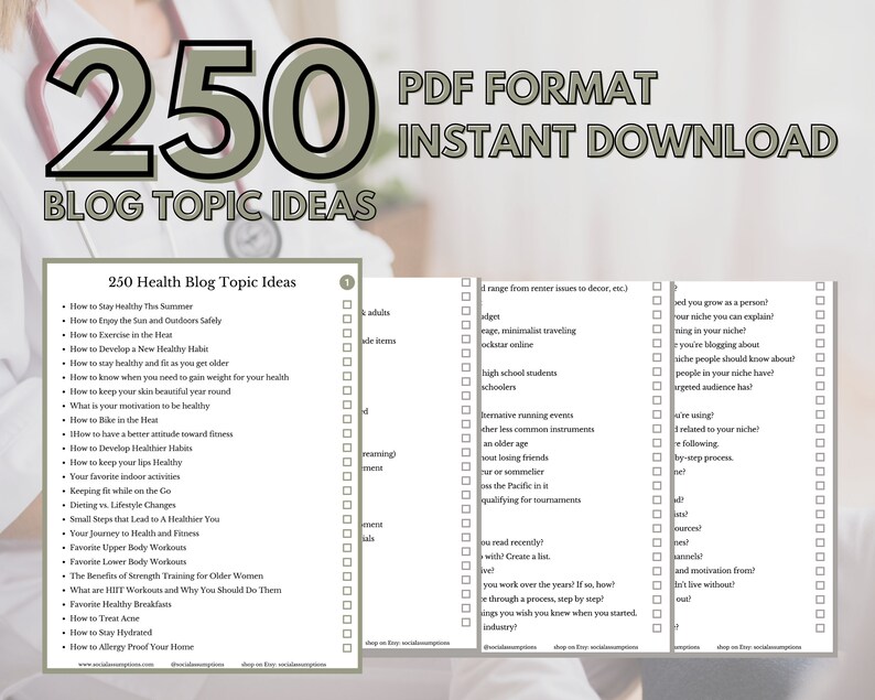 250 Health Blog Ideas | Wellness Content Creation | Planning Sheets ...
