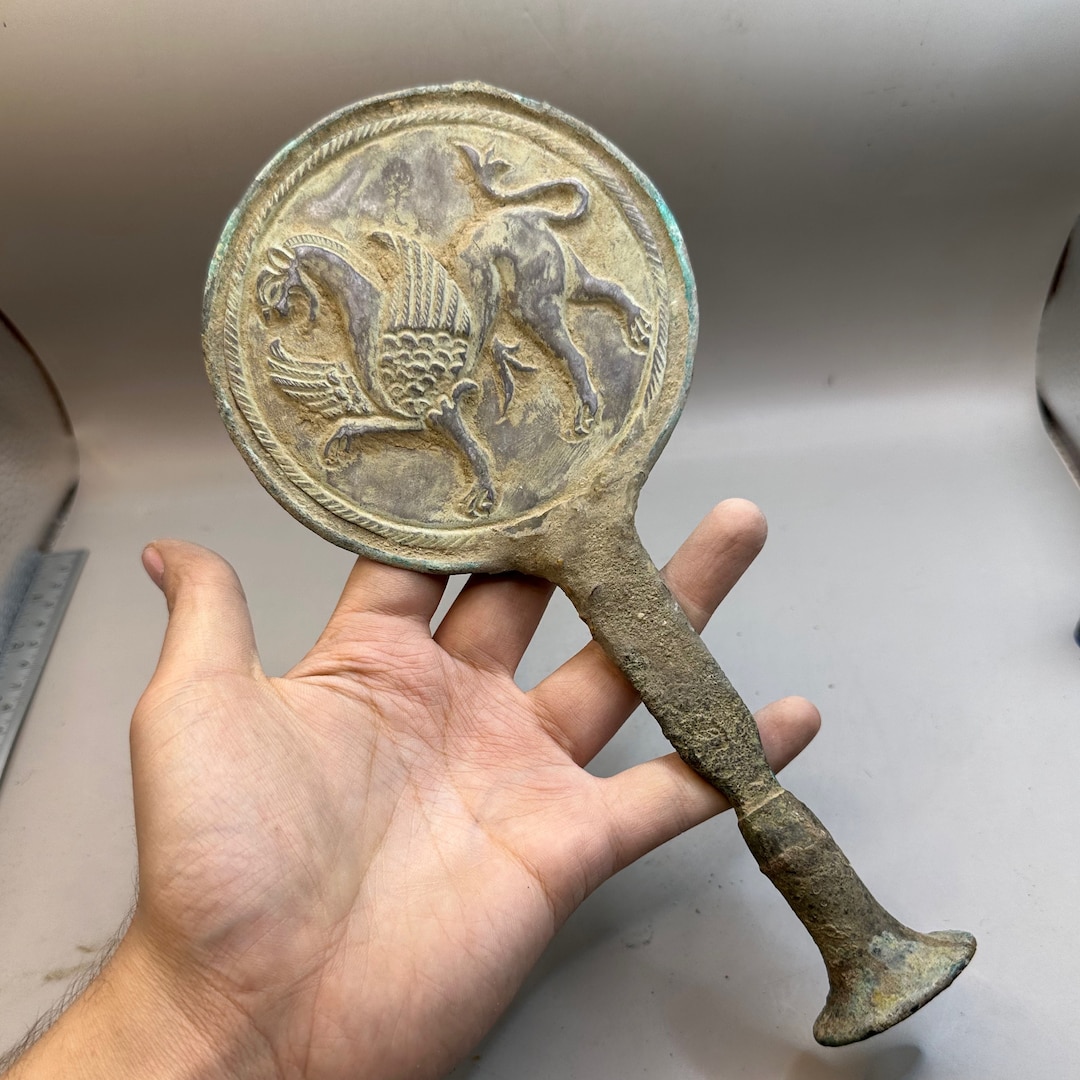 Authentic Ancient Greek Bronze Mirror With Silver Griffin Animal Image ...