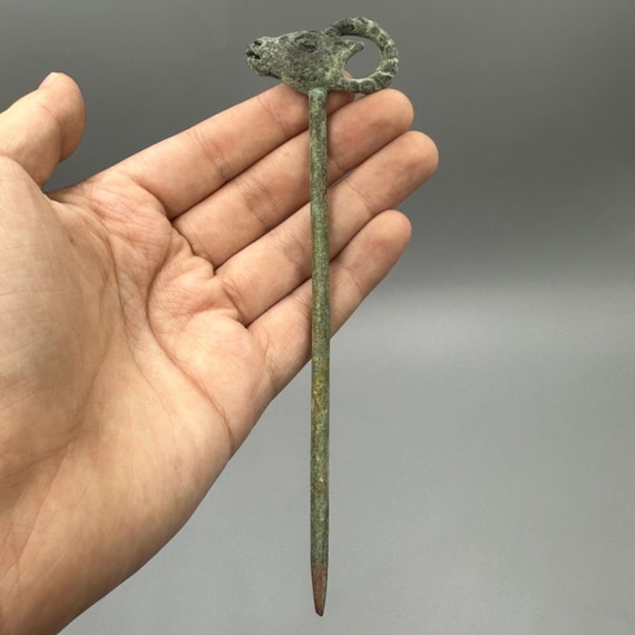 Authentic Ancient Roman Bronze Hair Pin With Goat Hea… - Gem