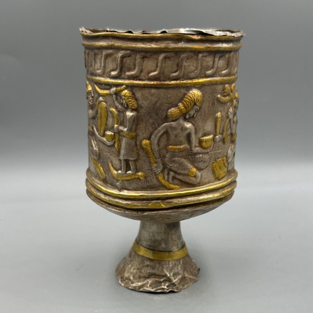 Ancient Byzantine Culture Hand Beaten Gold Gilder Silver Chalice Cup Ca ...