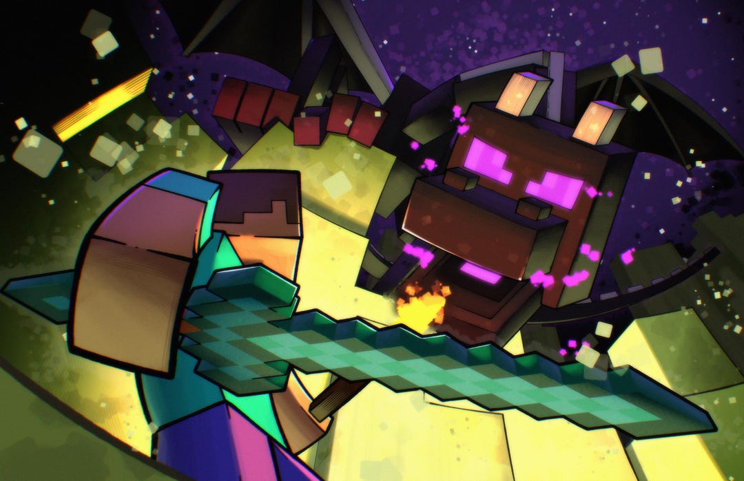 Miner Hero Steve and Dragon - Art Print - Video Game Poster - Etsy