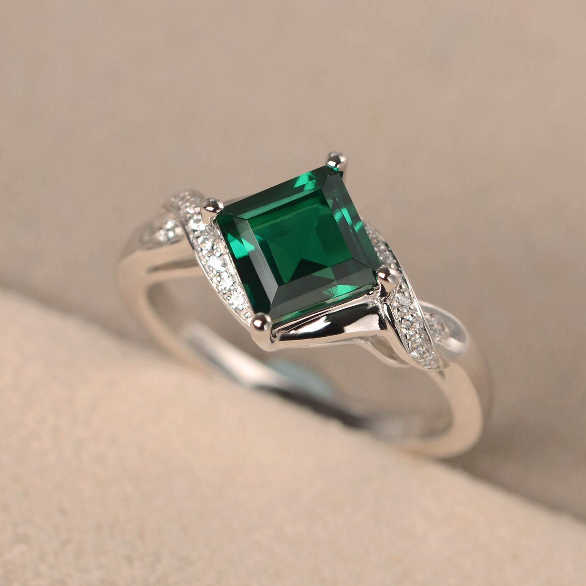 Emerald ring sterling silver square cut engagement ring for | Etsy