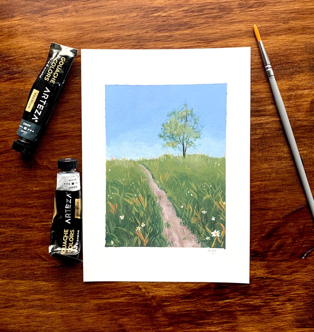 Original Gouache Meadow Tree Painting - Etsy