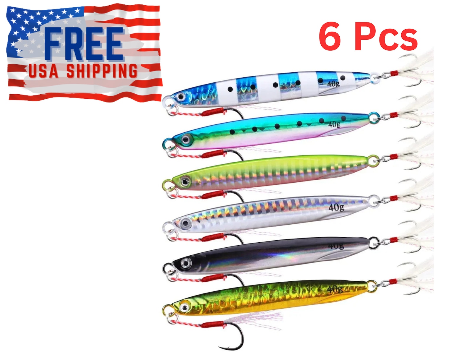 SET OF 6 Handmade Slim Long Jig Fishing Lures for Tuna Bass Perch Pike ...