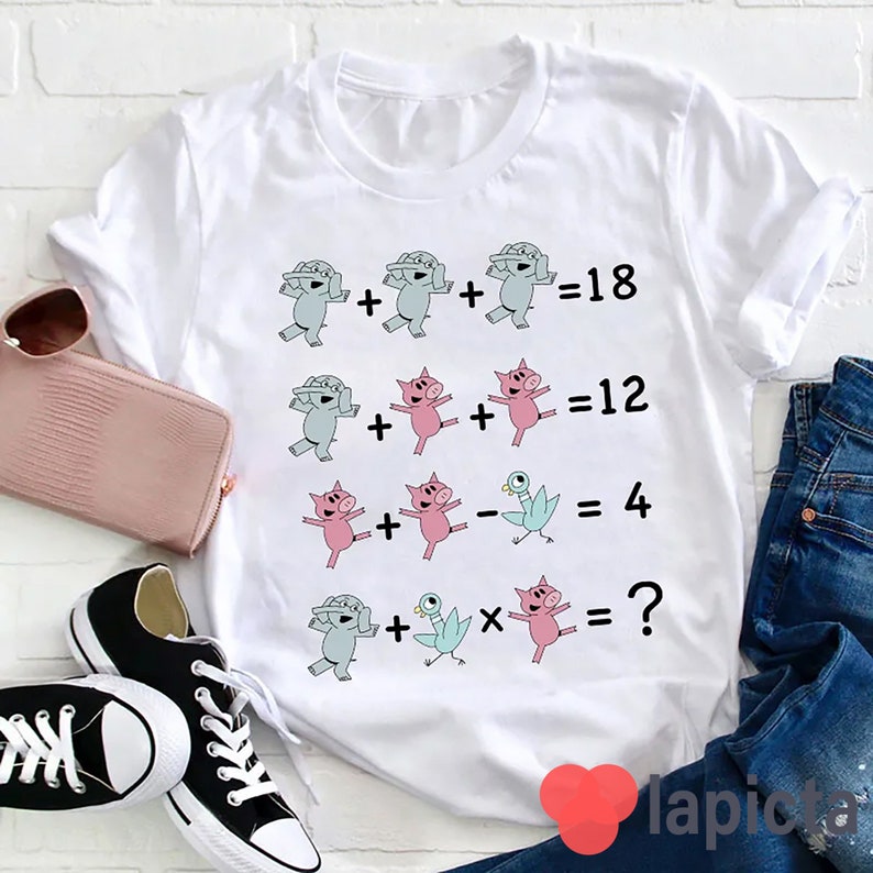 Elephant and Piggie Math Addition Teacher T-shirt, Funny Pigeon Shirt ...