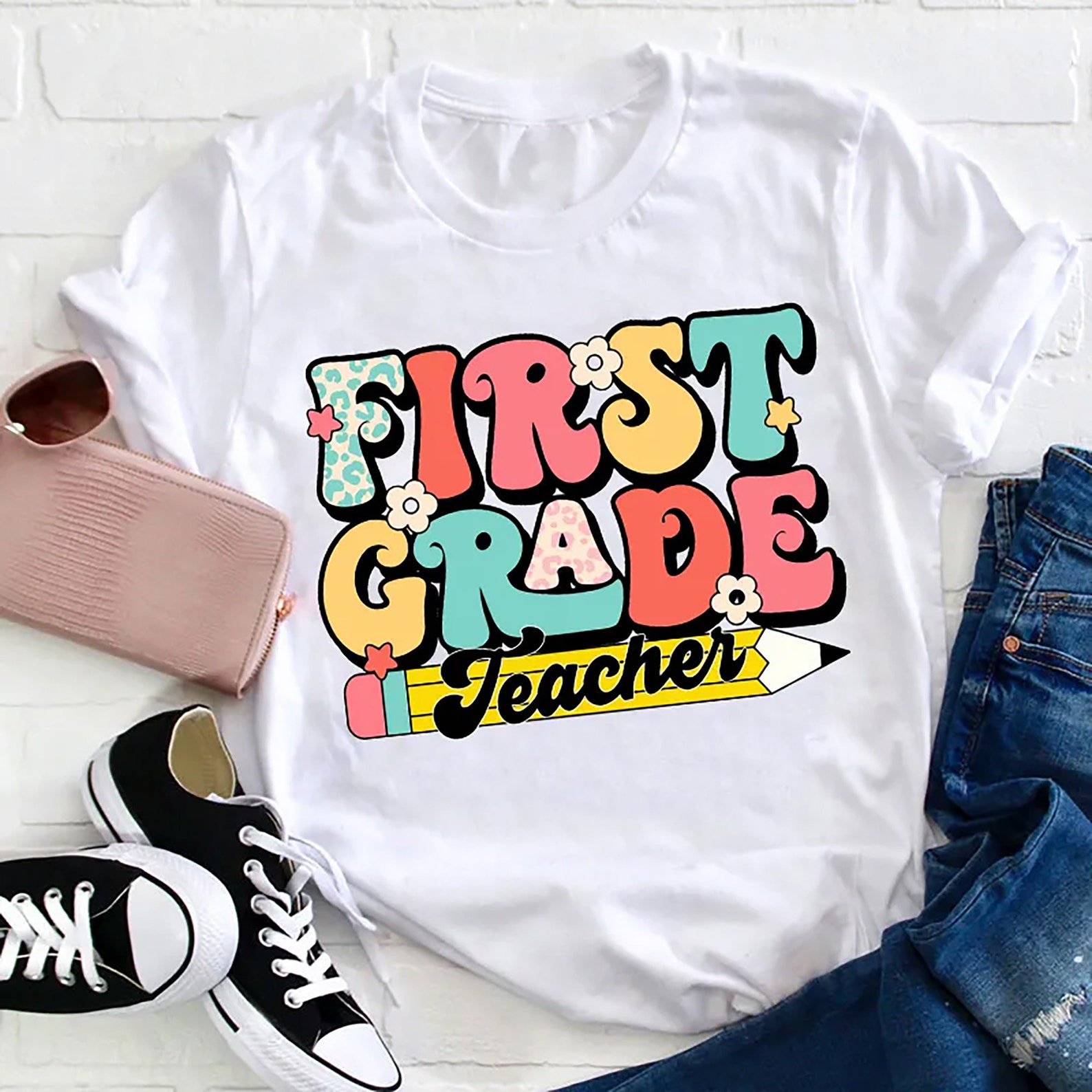 Personalized First Grade Teacher Tiny Flower T-shirt, Teacher Life ...