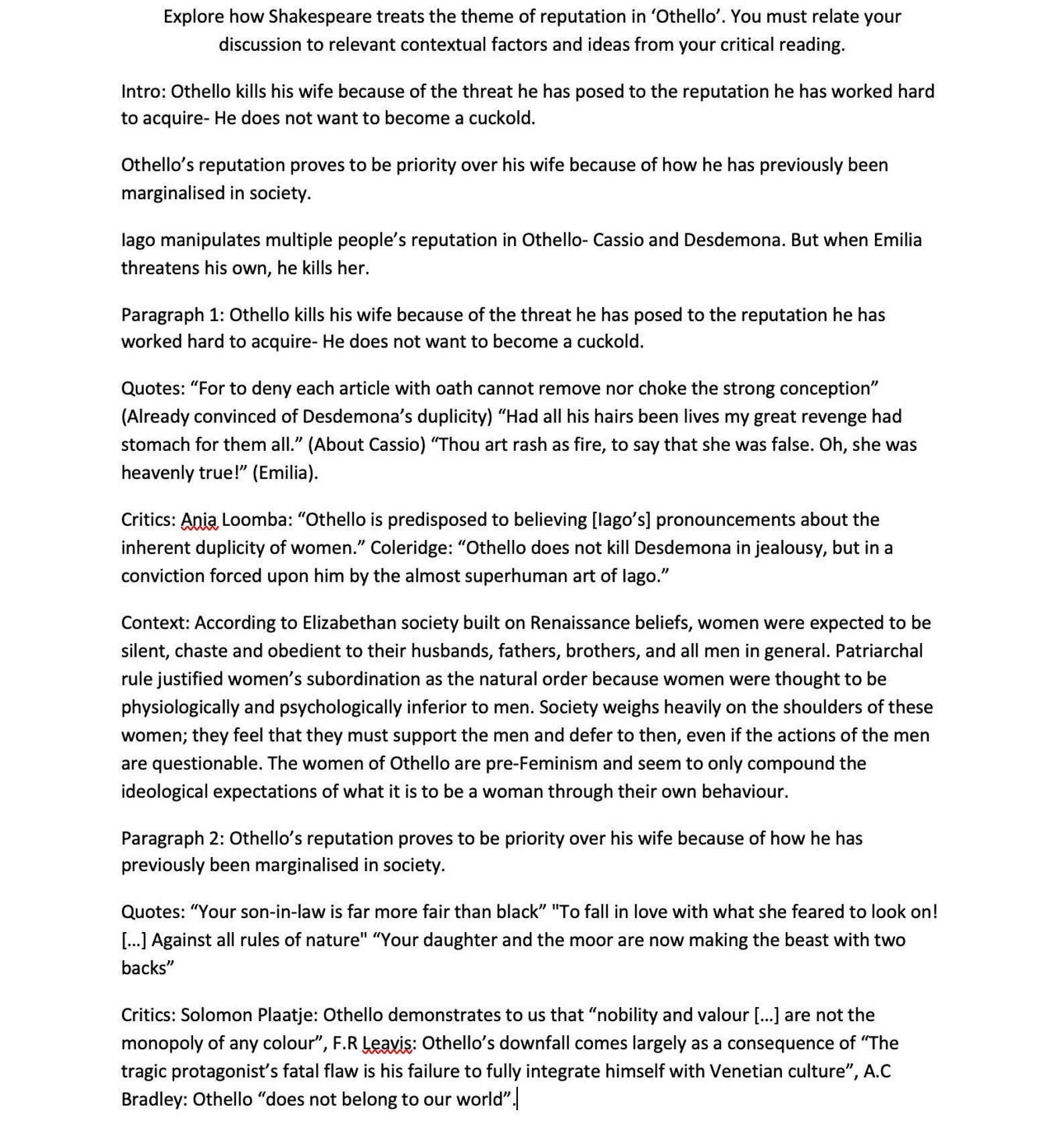 OTHELLO ESSAY PLANS A Level English Literature (themes) (edexcel) - Etsy UK