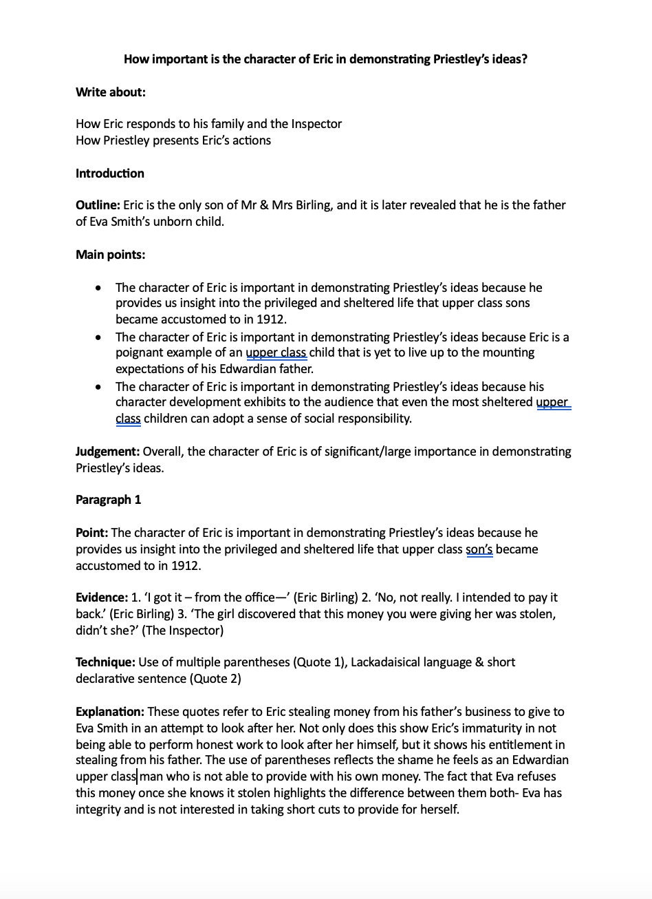 An Inspector Calls Essay Plans GCSE English Literature (characters and ...