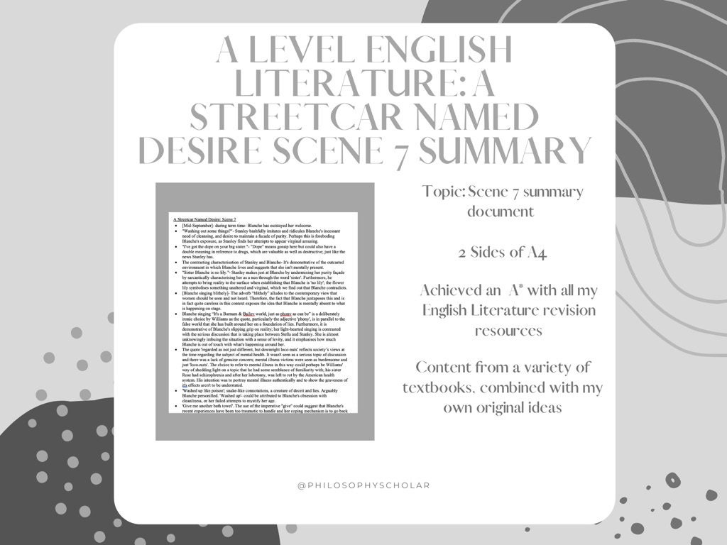 A Streetcar Named Desire Scene 7 Summary Sheet (A Level) - Etsy UK
