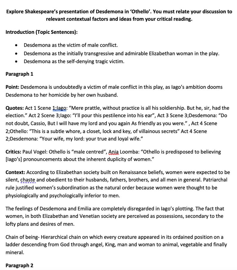 OTHELLO REVISION PACK Complete With Essay Plans, A Quote Bank , A ...