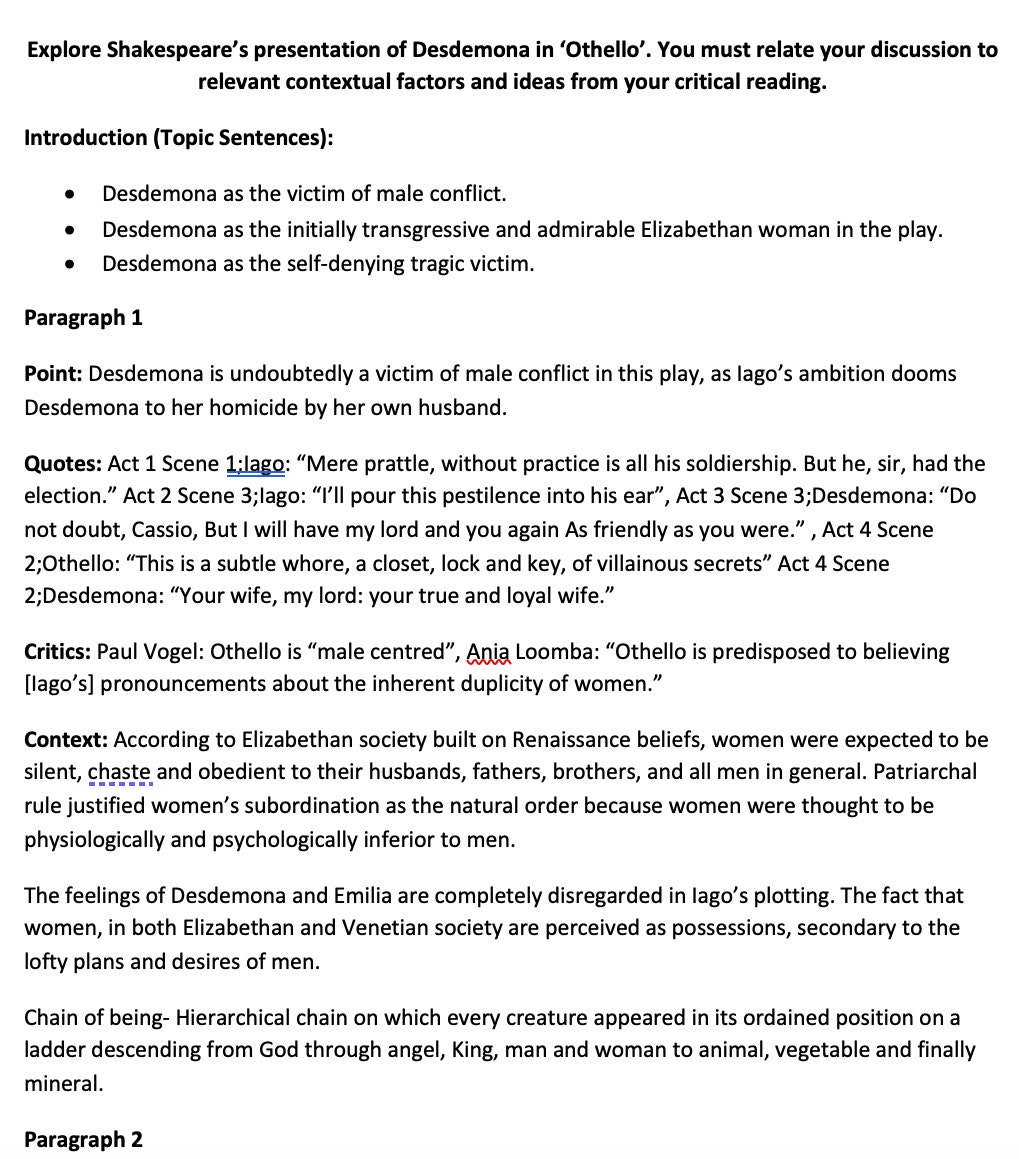 OTHELLO REVISION PACK Complete With Essay Plans, A Quote Bank , A ...