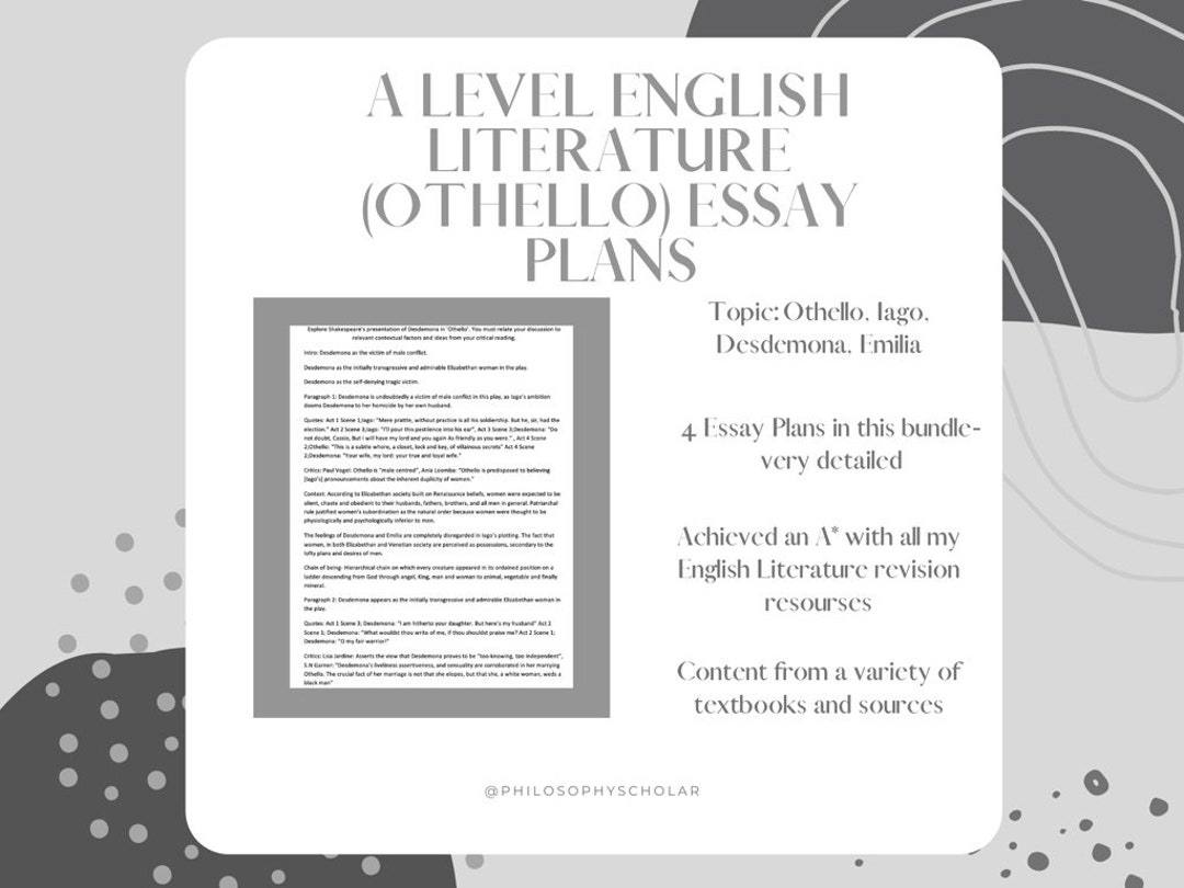 OTHELLO ESSAY PLANS A Level English Literature (characters) (edexcel ...