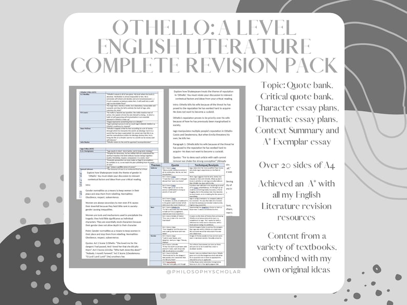 OTHELLO REVISION PACK Complete With Essay Plans, A Quote Bank , A ...