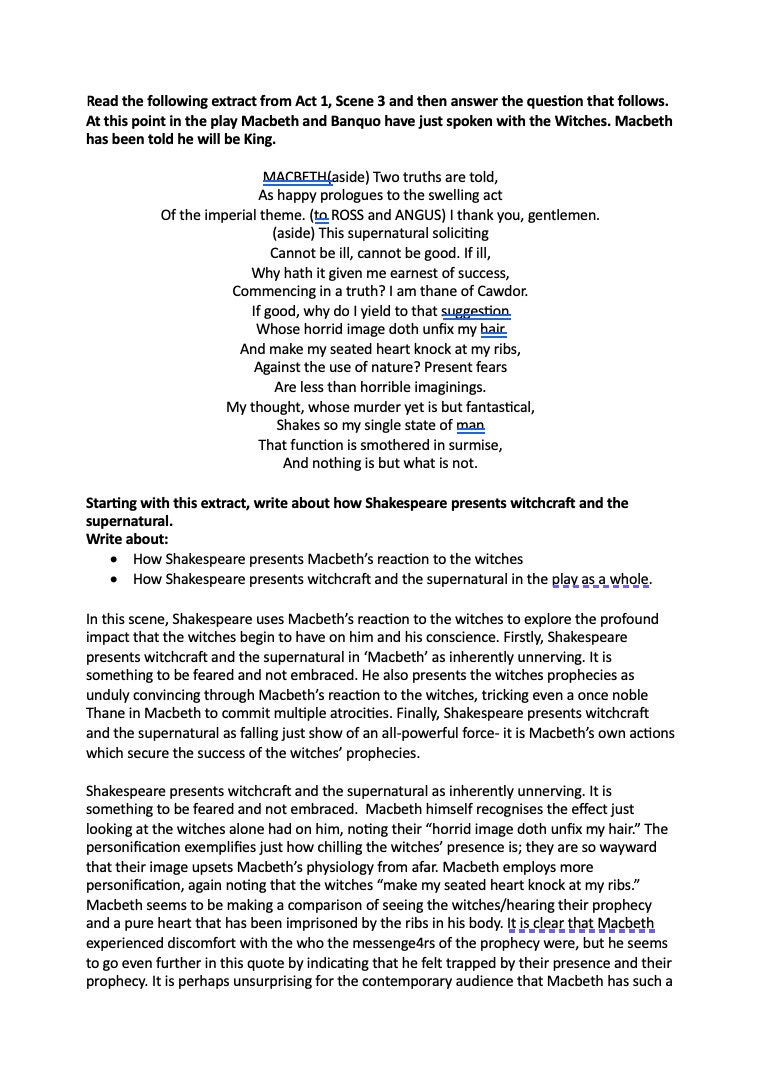 Macbeth Grade 9 Essay Exemplar Gcse English Literature Etsy