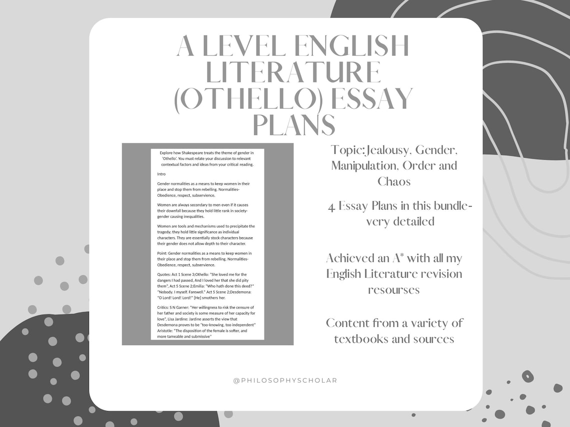 OTHELLO ESSAY PLANS A Level English Literature (themes) (edexcel) - Etsy