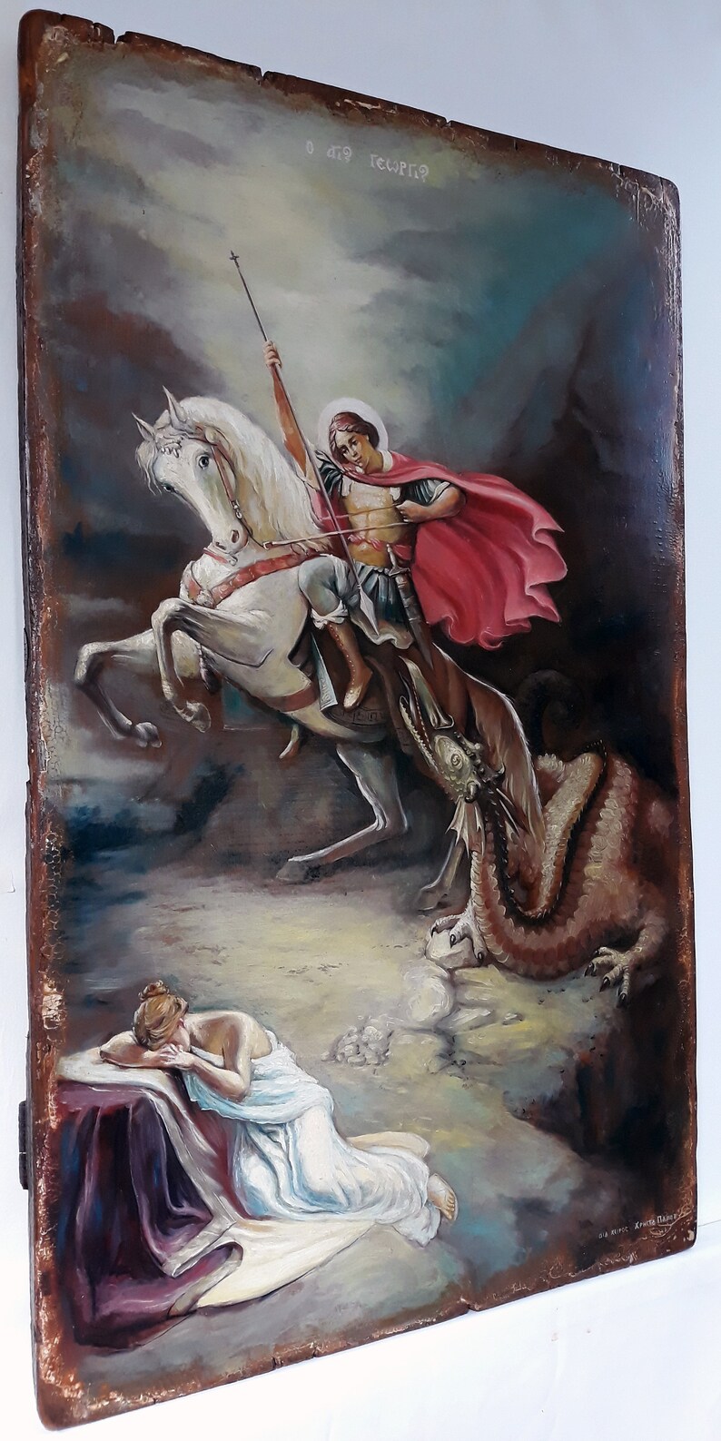 Icon of Saint George (agios Georgios) Slaying the Dragon Painted on ...