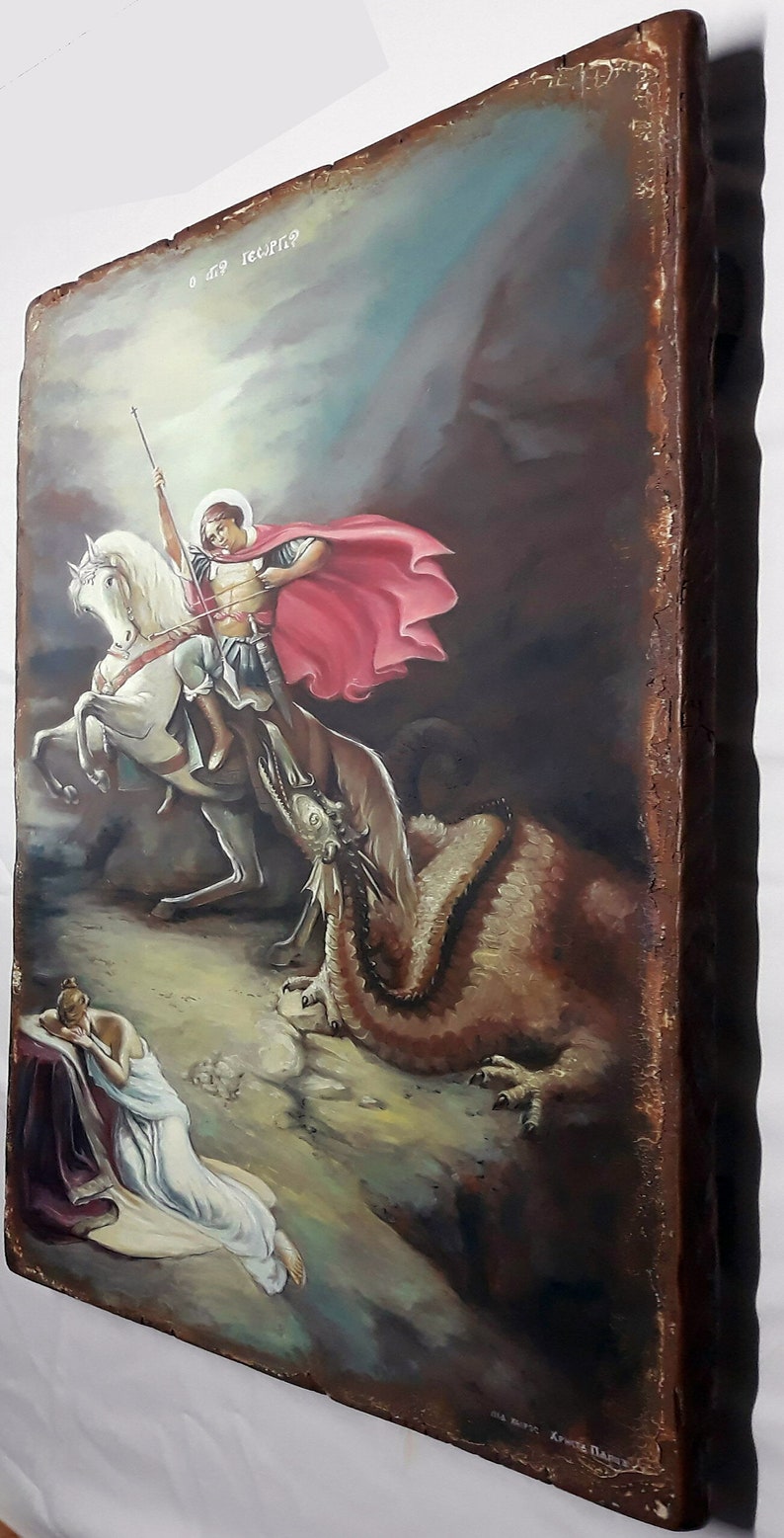 Icon of Saint George (agios Georgios) Slaying the Dragon Painted on ...