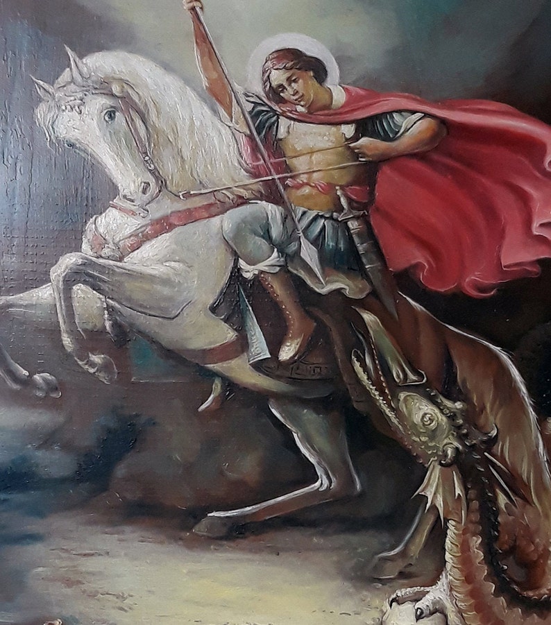 Icon of Saint George (agios Georgios) Slaying the Dragon Painted on ...