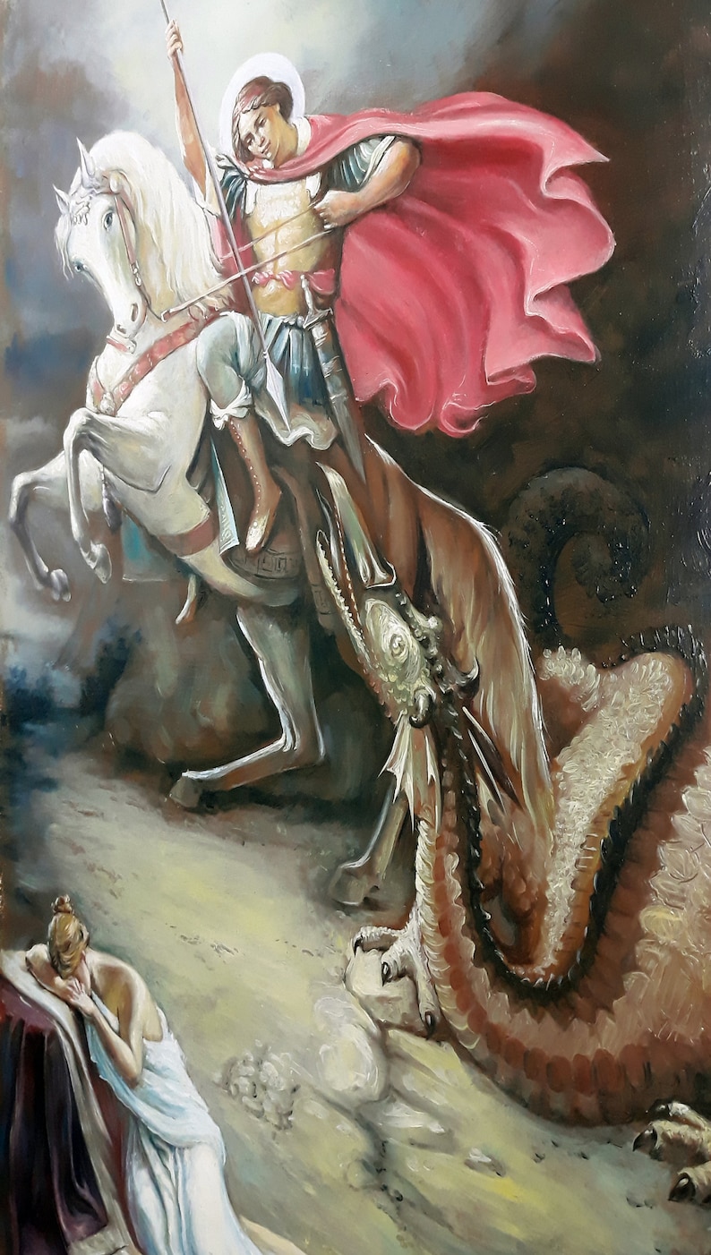 Icon of Saint George agios Georgios Slaying the Dragon Painted on Wood ...