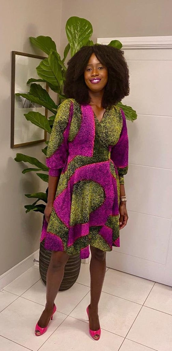 African Print Wrap Dress Knee Length Wrap Dress Purple Wrap | Etsy