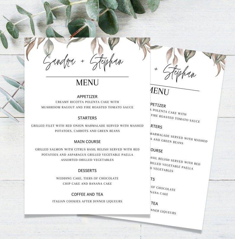 Minimalist Wedding Menu Template, Modern Script Wedding Dinner Menu ...