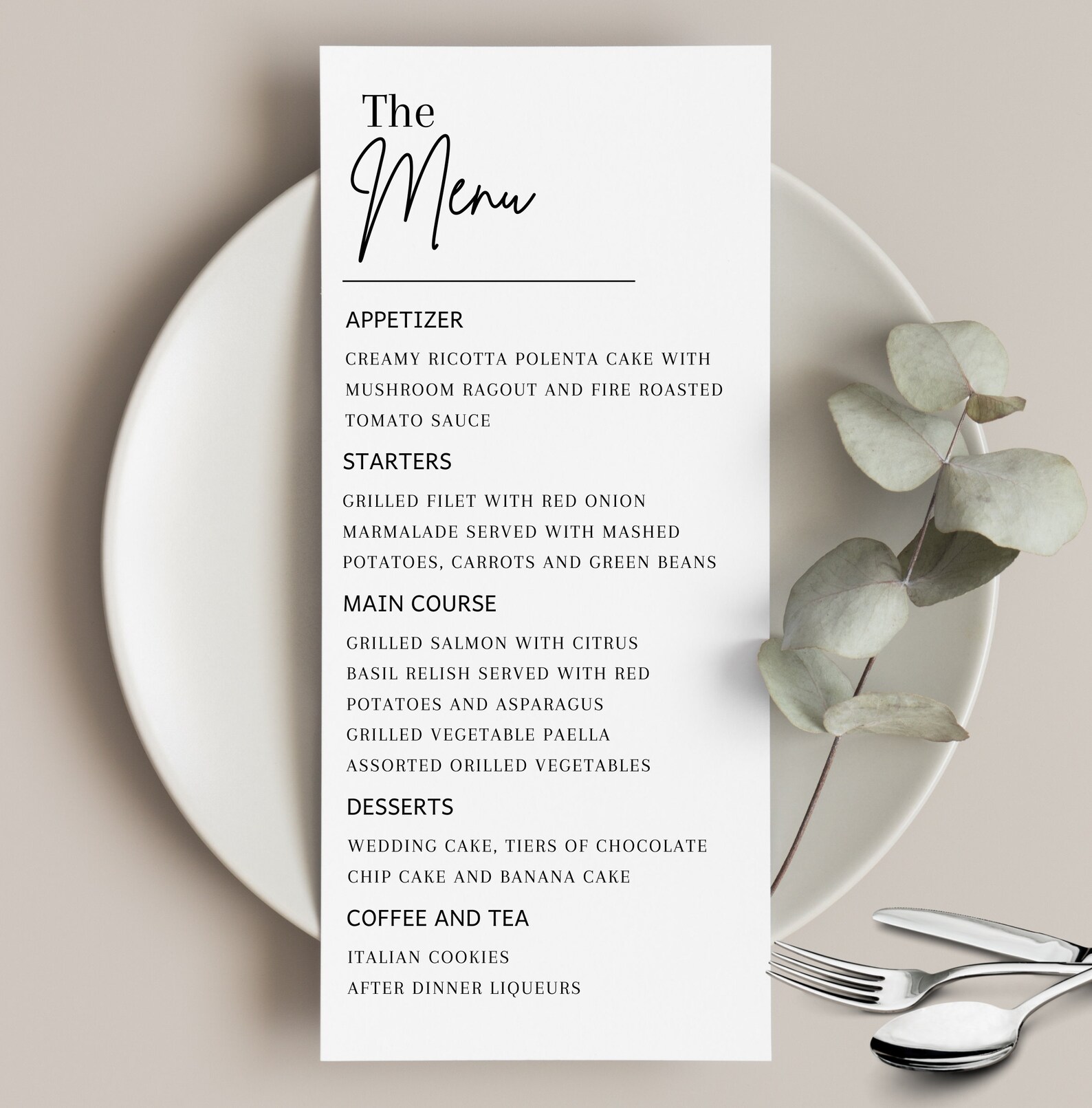 Minimalist Wedding Menu Template, Modern Script Wedding Dinner Menu ...