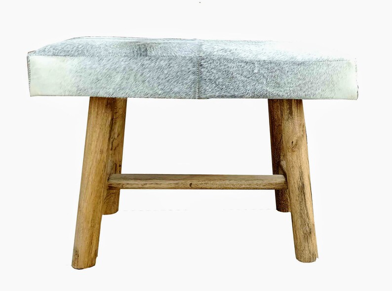 THOR Grey Cowhide Bench With Rustic Wooden Legs - Etsy
