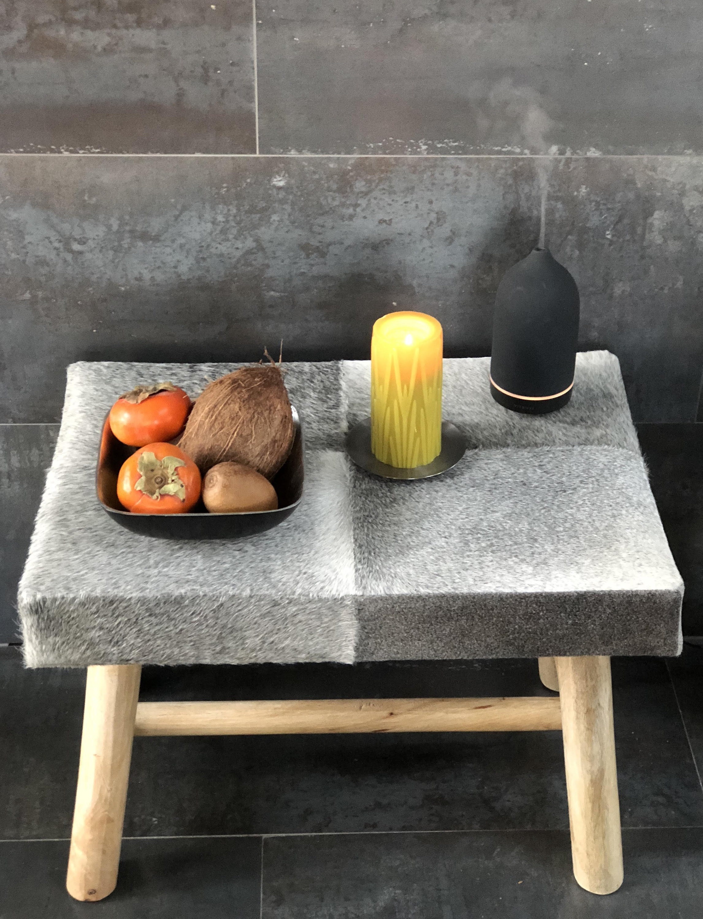 THOR Grey Cowhide Bench With Rustic Wooden Legs - Etsy