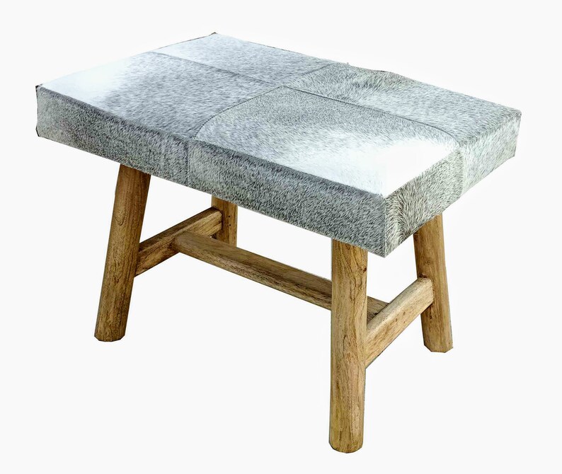 THOR Grey Cowhide Bench With Rustic Wooden Legs - Etsy