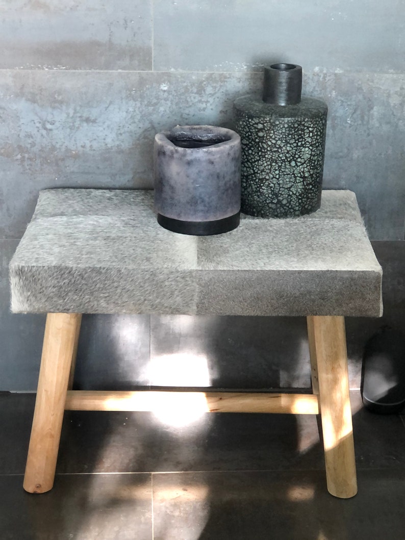 THOR Grey Cowhide Bench With Rustic Wooden Legs - Etsy