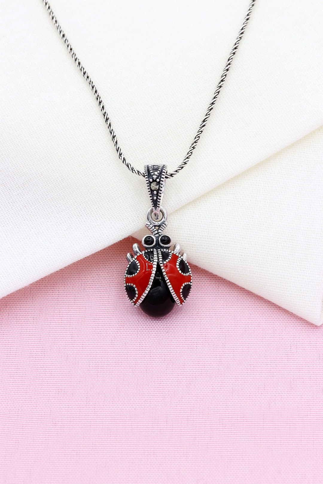 Ladybug Model Enamel and Natural Stone 925 Sterling Silver Necklace ...