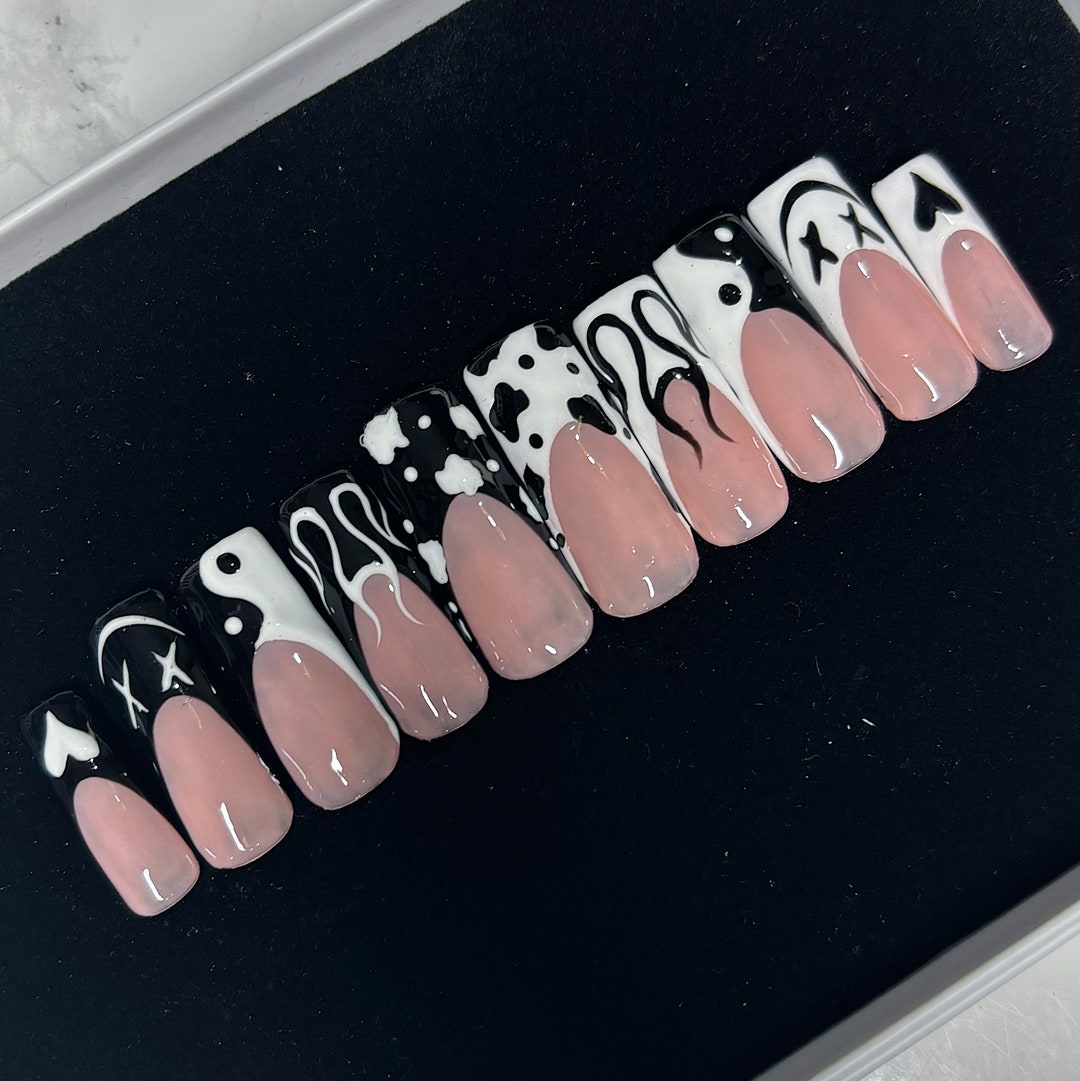 Black White French Tip Press on Nails, Freestyle Design, Cow Print, Yin ...