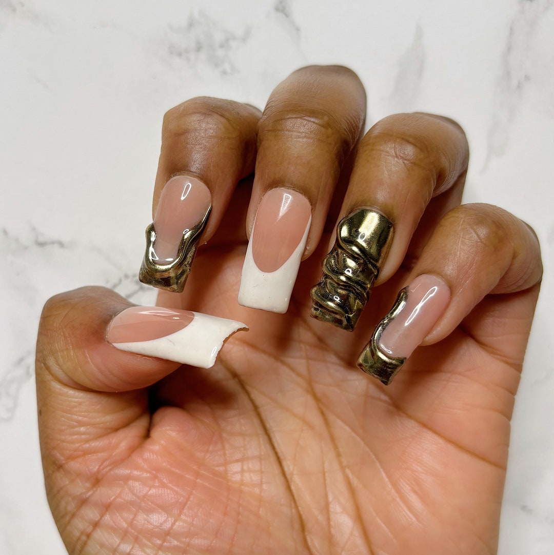 Gold Chrome 3D Swirl Press on Nails | White French Tip | Almond Nails ...