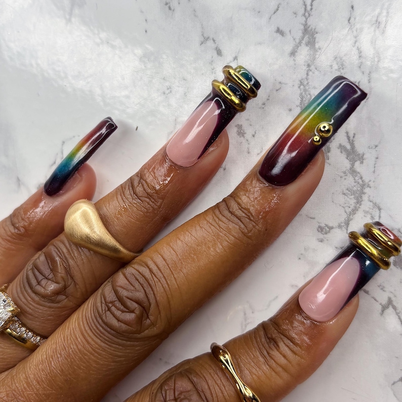 Plum French Tip Press on Nails, Rainbow Aura, Gold Bangles | Almond ...