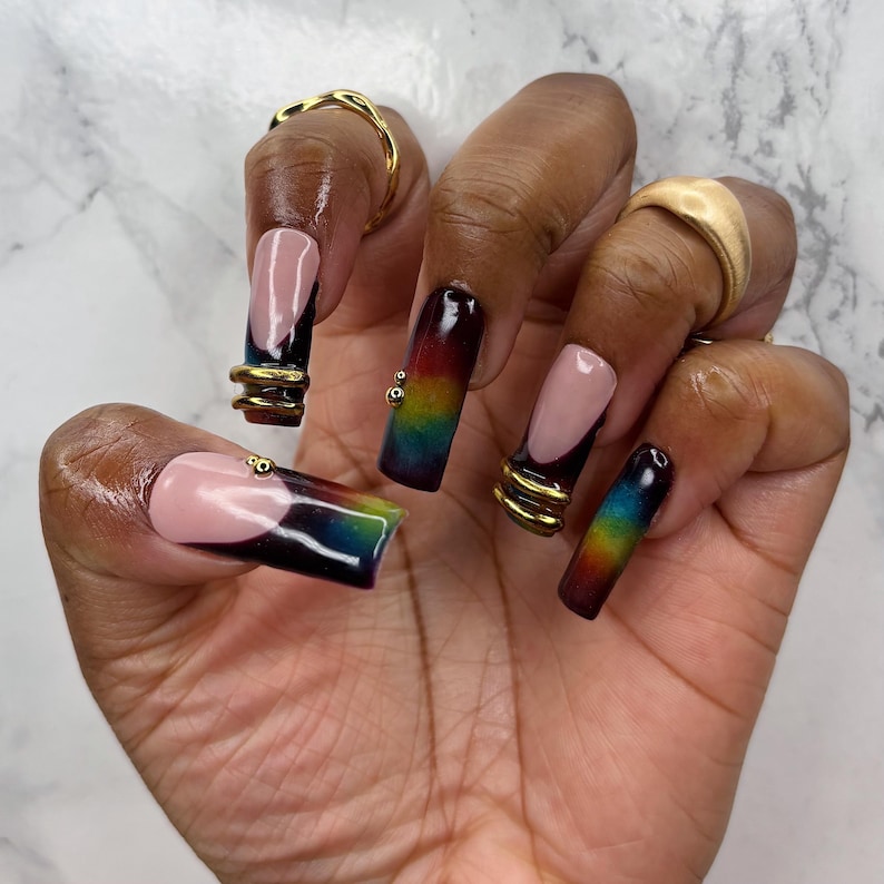 Plum French Tip Press on Nails, Rainbow Aura, Gold Bangles | Almond ...