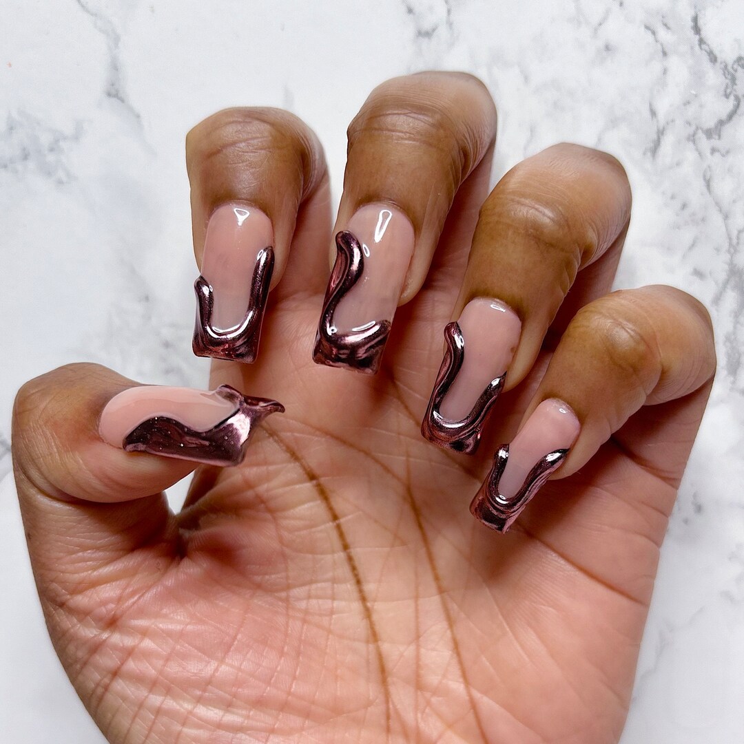 Rose Gold Chrome Swirl French Tip Press on Nails | Almond, Coffin ...