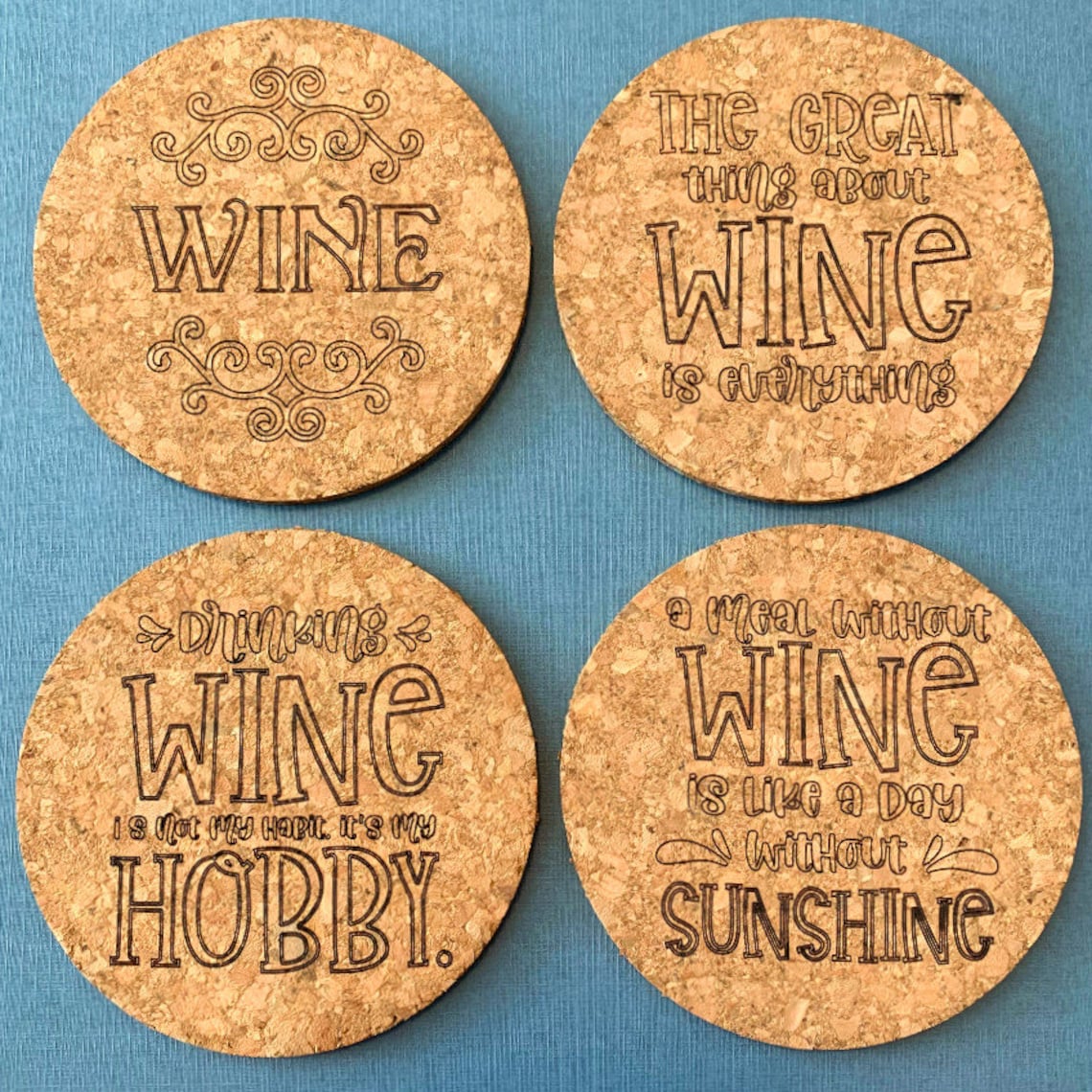Wine Themed Coasters, Set of 4 Cork Coasters Wine Humor Home Bar Wine ...